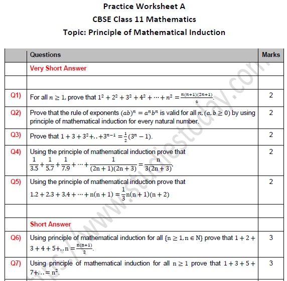 CBSE Class 11 Maths Principle Of Mathematical Induction Worksheet Set A